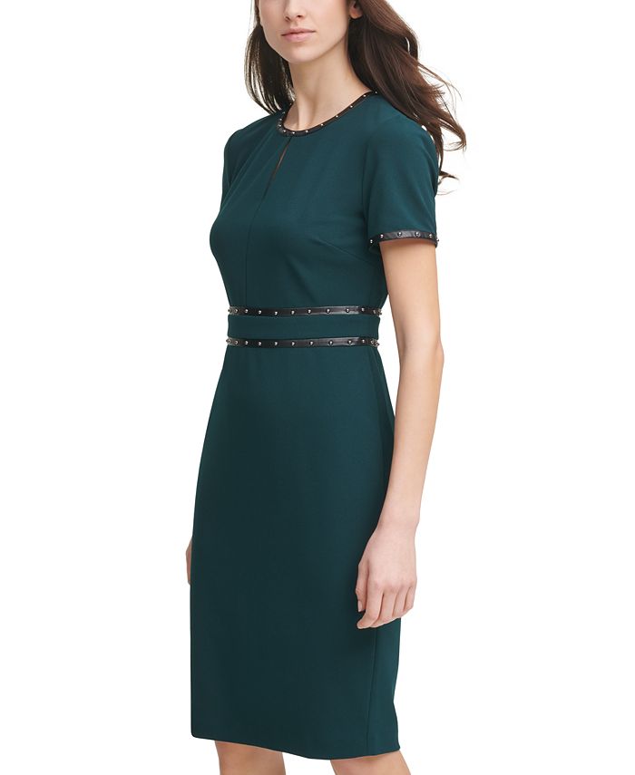 Karl Lagerfeld Paris Scuba Crepe Studded Leather-Trim Sheath Dress - Macy's