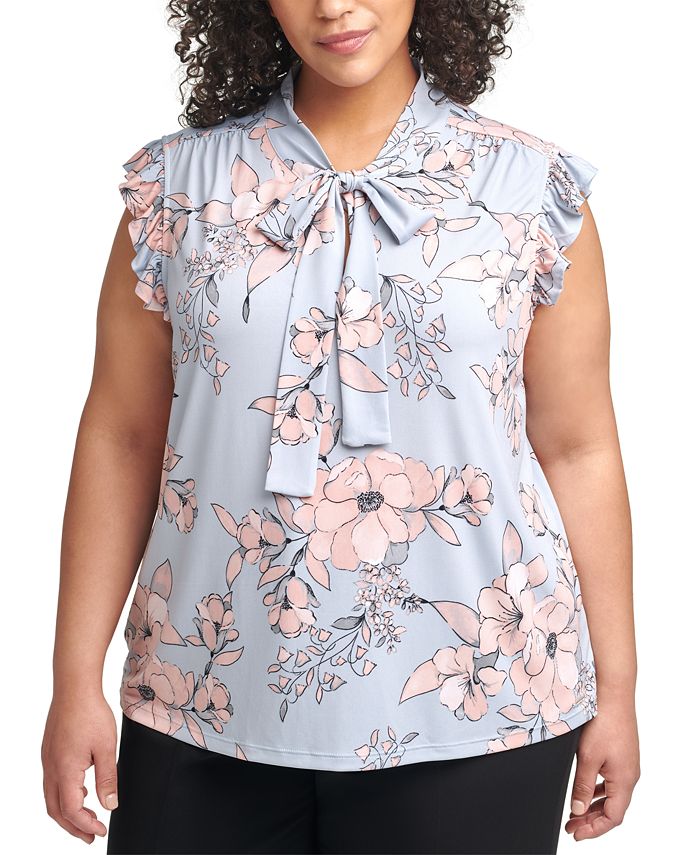 Calvin Klein Plus Size Ruffled Tie-Neck Top - Macy's