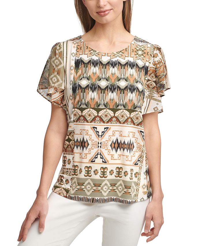 Calvin Klein Printed Chiffon-Sleeve Top - Macy's