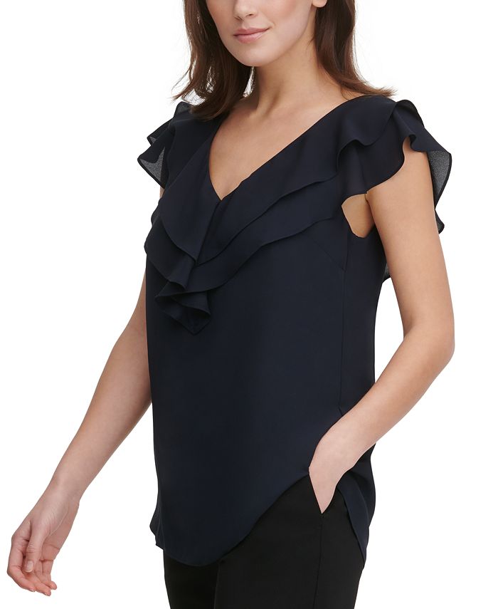 DKNY Ruffled V-Neck Top - Macy's