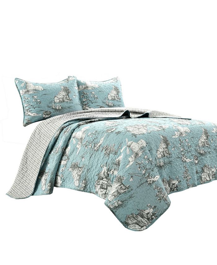 Lush Décor French Country Toile Cotton Reversible 3 Piece Quilt Set ...