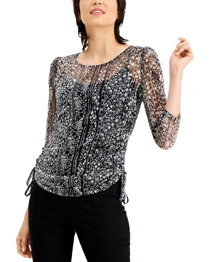 INC International Concepts Sheer Printed Drawstring Top, Created for ...