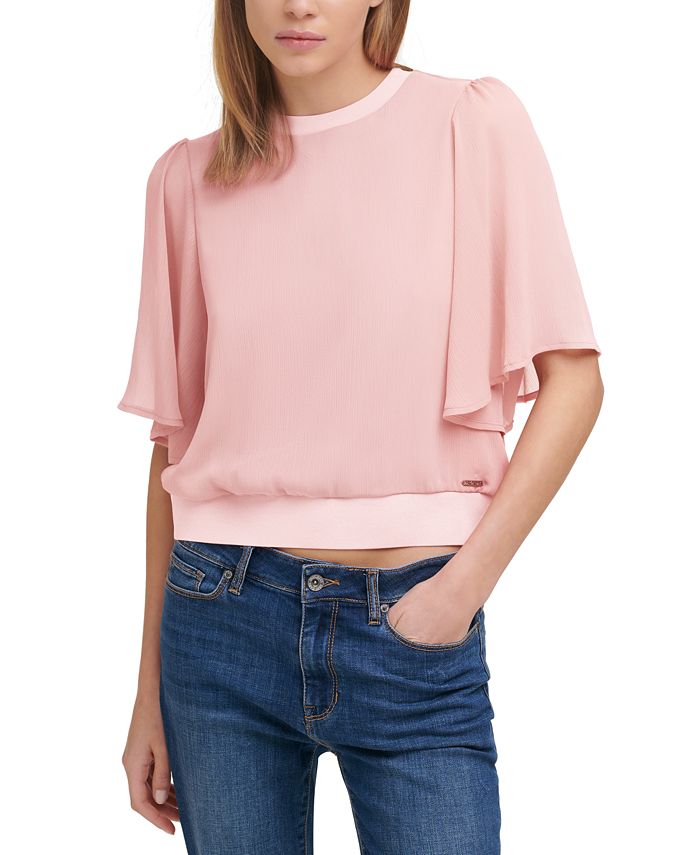 DKNY Mixed-Media Flutter-Sleeve Top - Macy's