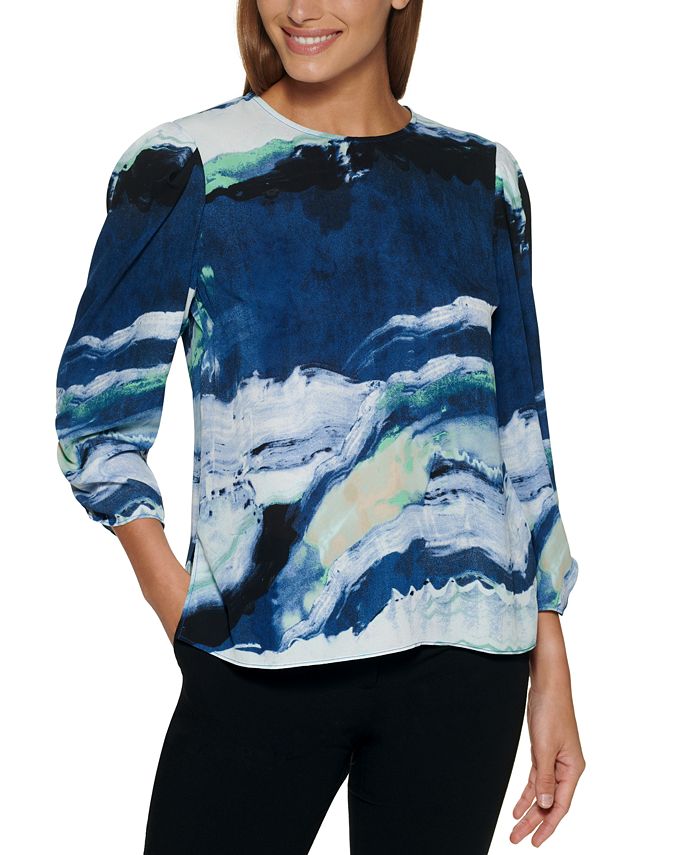 DKNY Printed Ruched-Sleeve Top - Macy's