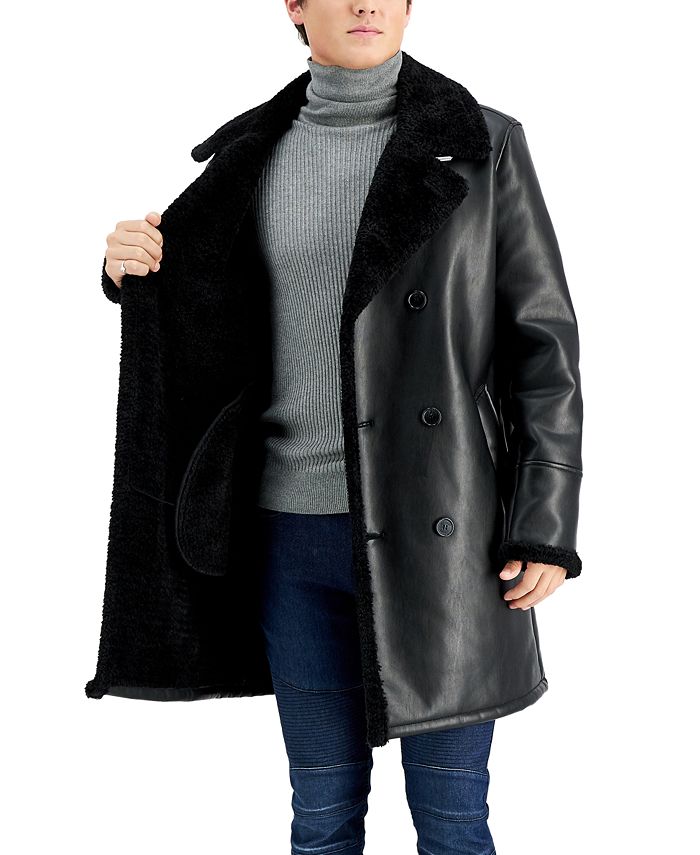 GUESS Men's Long Pleather Double Breasted Coat with Faux Shearling Cuff ...