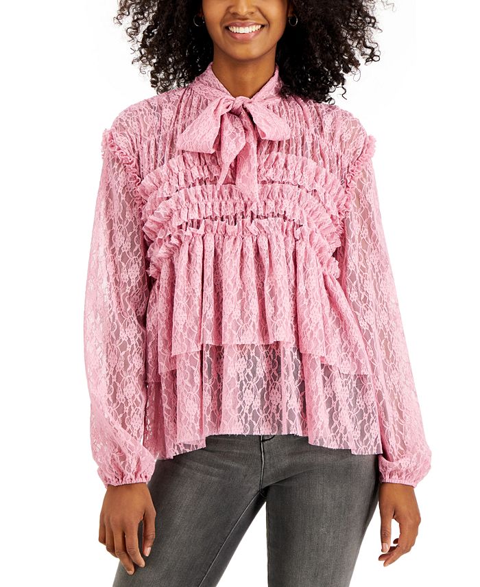 INC International Concepts Sheer Ruffled Lace Blouse, Created for Macy ...
