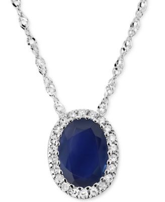 Sapphire 7 8 ct. t.w. Diamond 1 20 ct. t.w. Oval Halo Pendant Necklace in 14k White Gold 16 2 extender