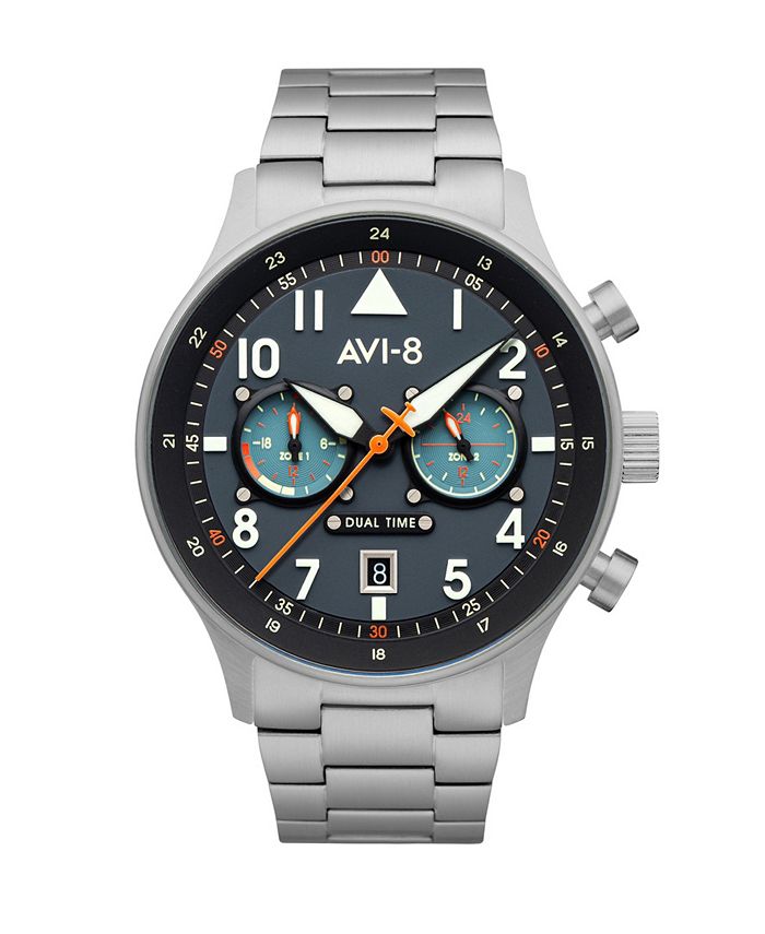 AVI-8 Men's Hawker Hurricane Carey Dual Time Gutersloh Silver-Tone ...