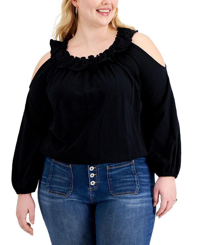INC International Concepts Plus Size Cotton Cold-Shoulder Top, Created ...