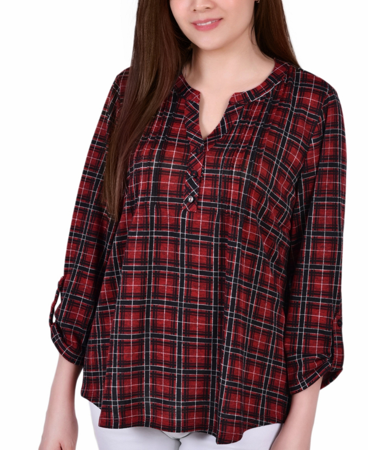 Click here for Womens 3/4 Roll Tab Sleeve Y-neck Top - Red  Black... prices