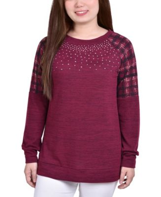 Women's Long Sleeve Knit Top with Print Shoulder Insets - Macy's