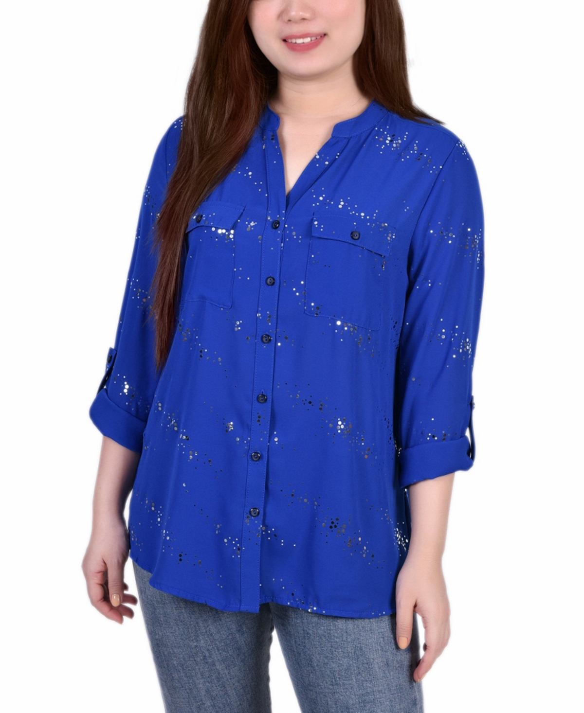 Click here for Petite Size 3/4 Sleeve Roll Tab Blouse with Metall... prices