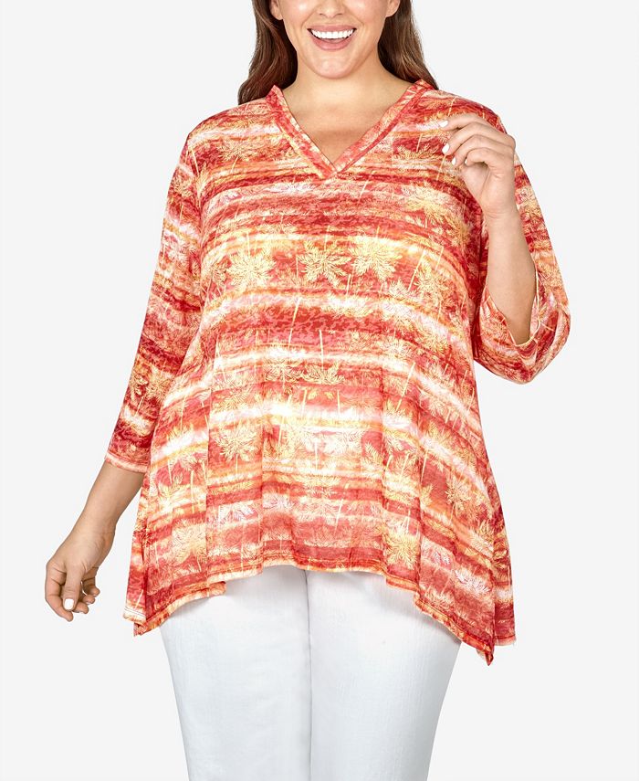 Ruby Rd. Plus Size Embellished Tropical Stripe Burnout Top - Macy's