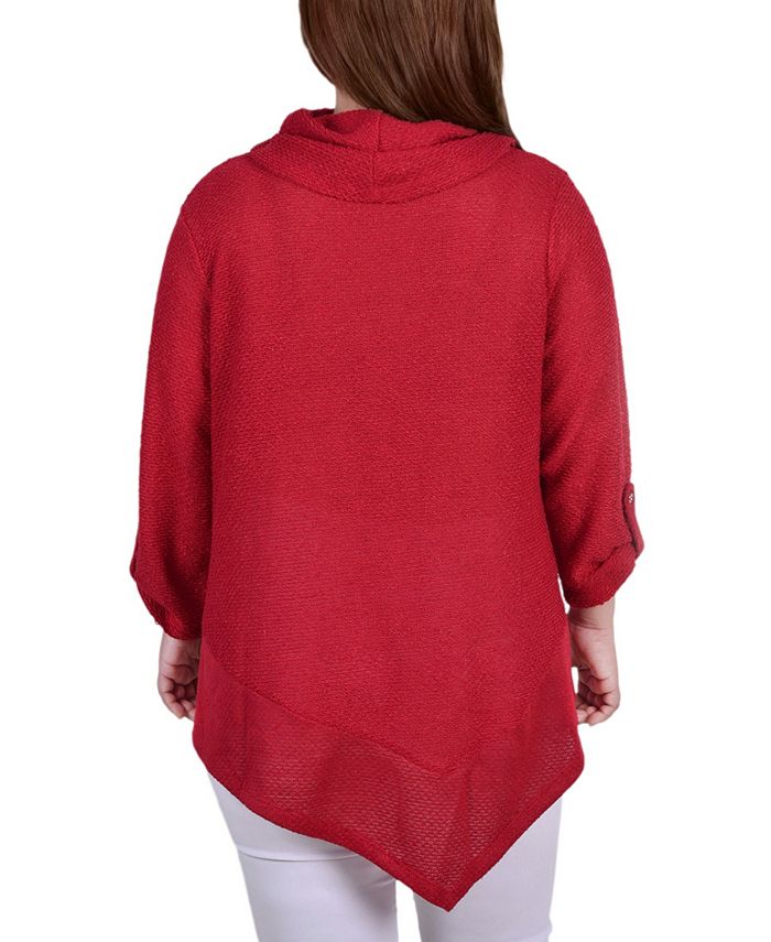 NY Collection Plus Size Long Roll Tab Sleeve Nubby Cowl Neck Top ...