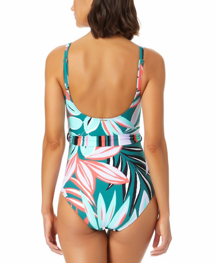 Anne Cole Womens Zesty Tropical Scoop Neck Belted One Piece Swimsuit