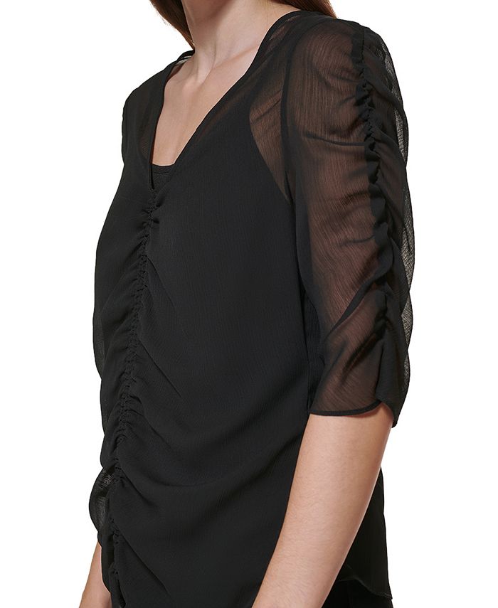 DKNY Ruched-Sleeve Top - Macy's