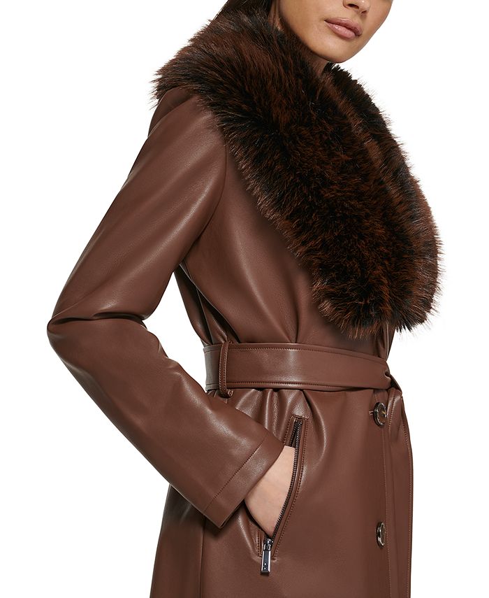 Kenneth Cole Women's Faux-Fur-Trim Faux-Leather Coat - Macy's