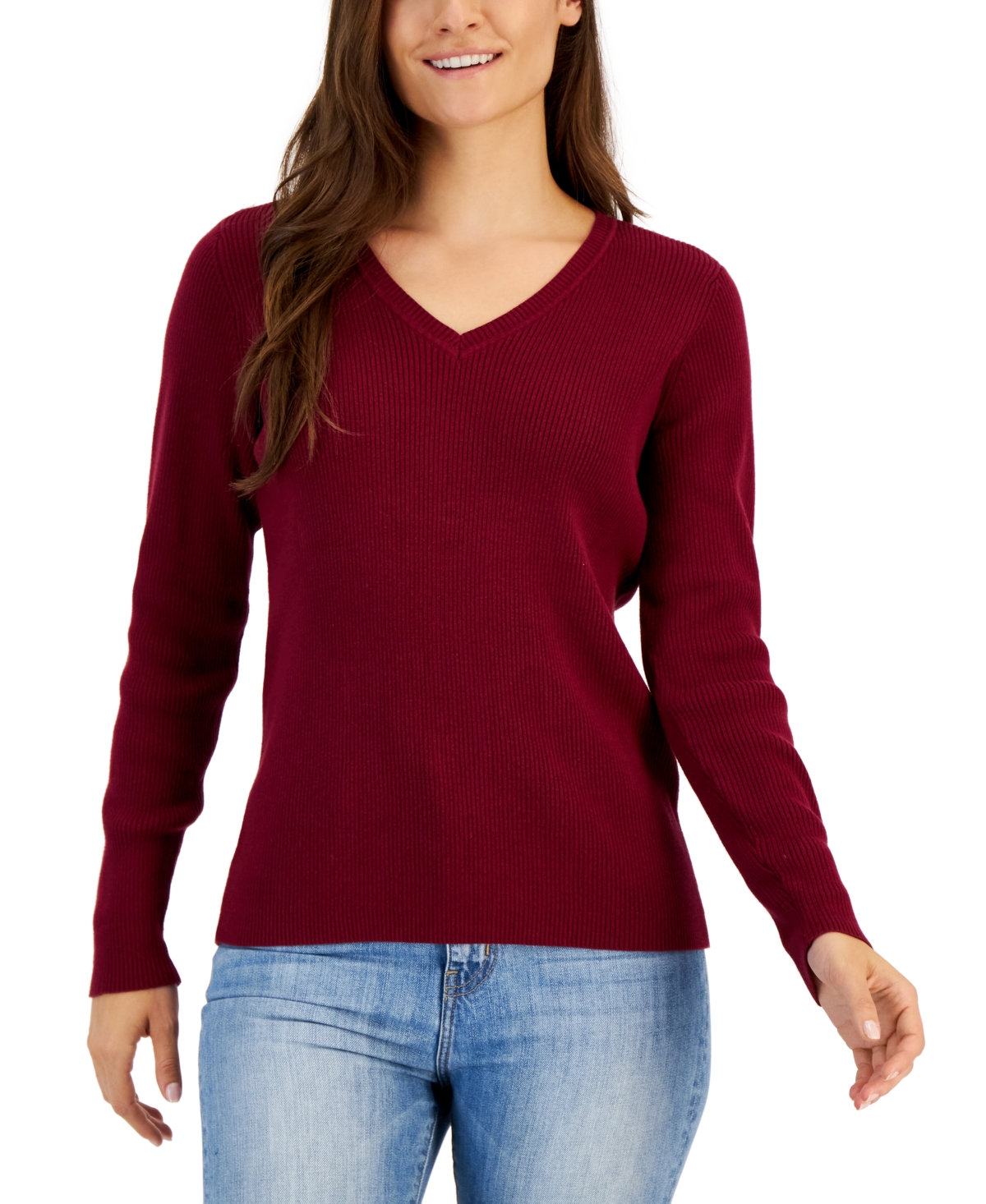 Karen Scott Petite Cotton V-neck Ribbed Sweater, Created For Macy's In Malbec | ModeSens