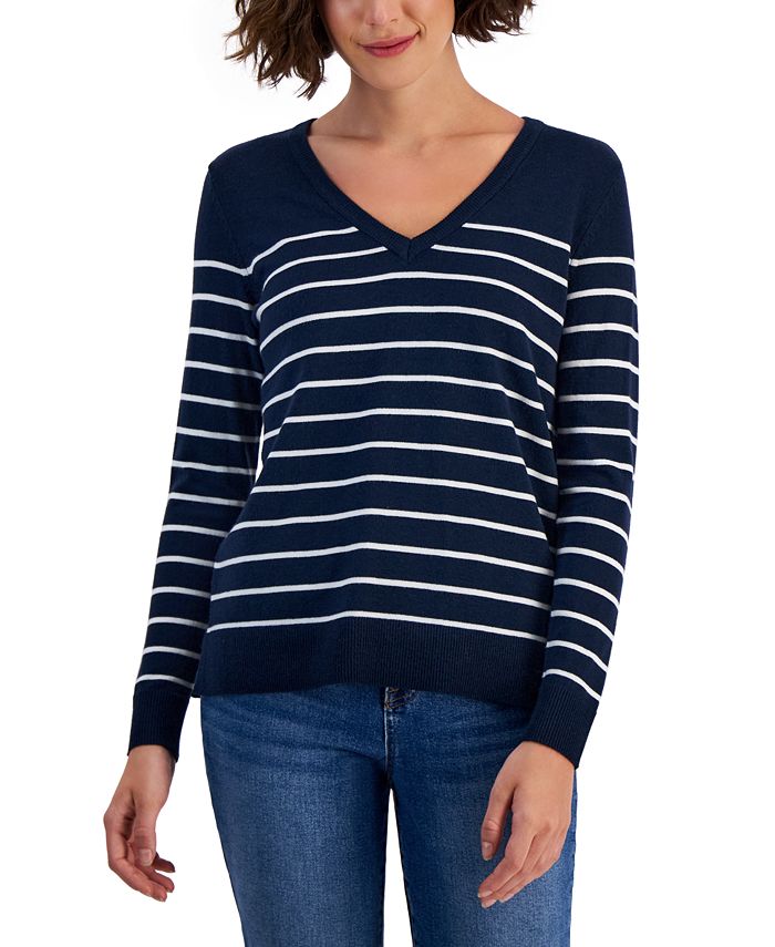Style & Co Women's Striped V-Neck Sweater, Created for Macy's - Macy's