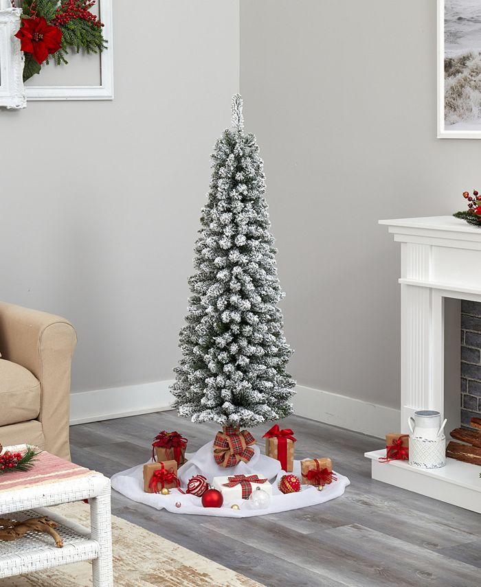 Nearly Natural Flocked Pencil Artificial Christmas Tree with Lights and ...