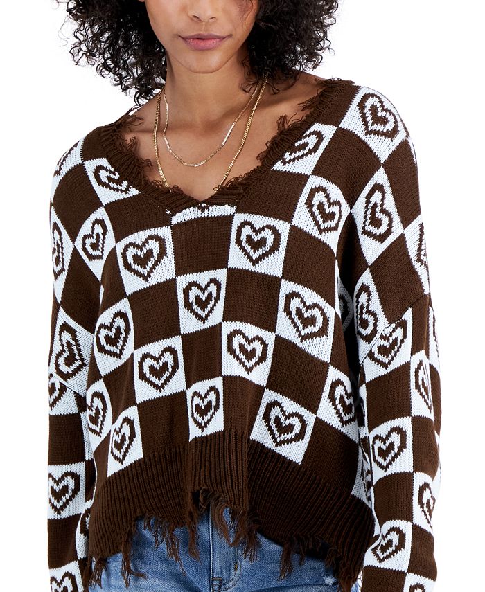Just Polly Juniors' Frayed Checkered Hearts Sweater - Macy's