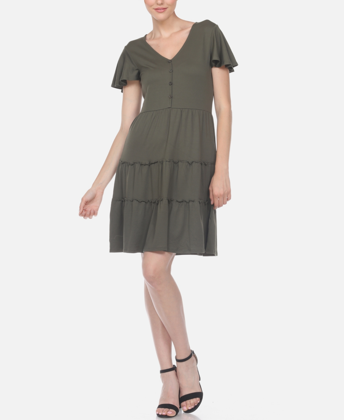 Click here for Womens Short Sleeve V-Neck Tiered Dress - Olive prices