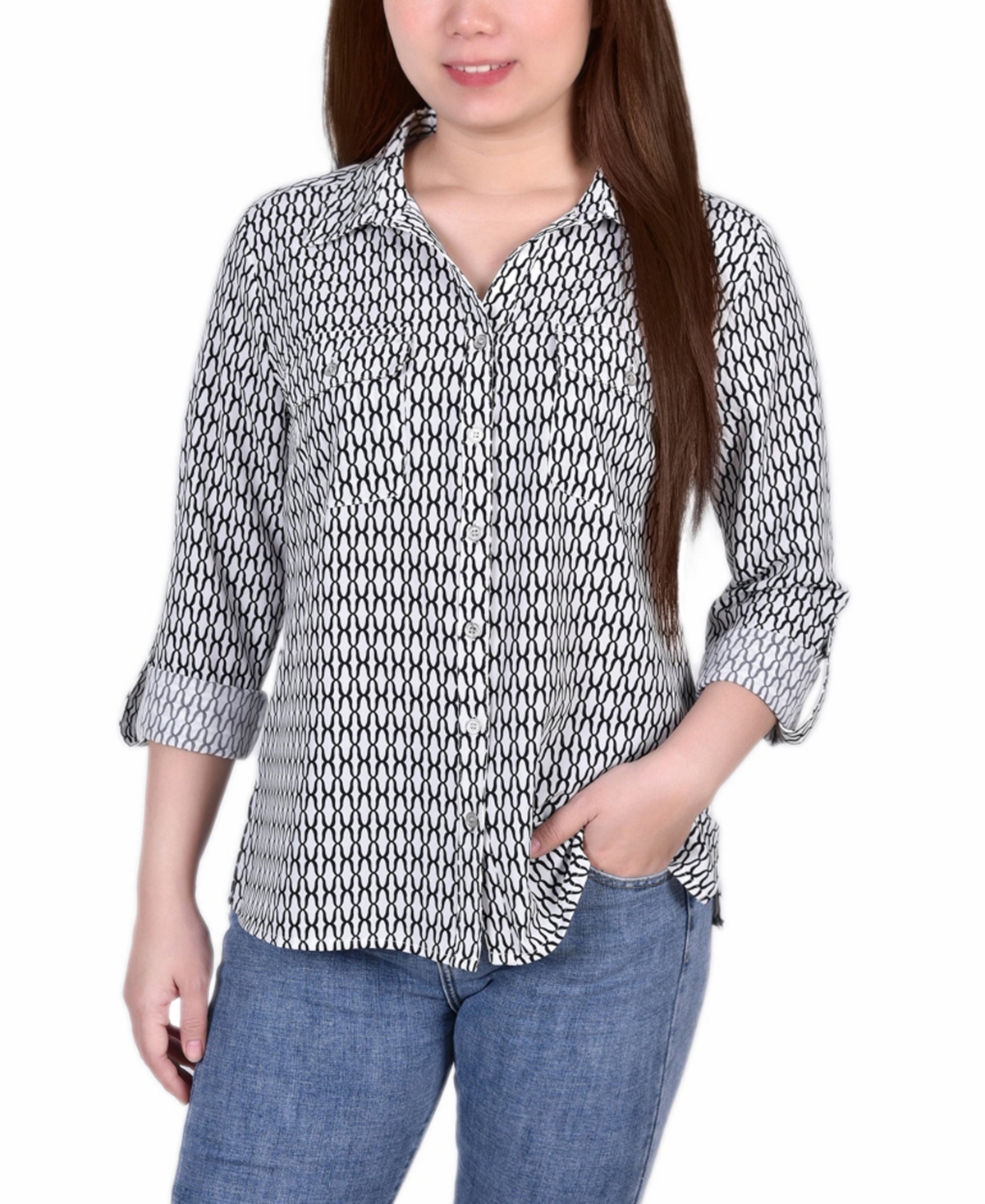 Click here for Petite 3/4 Sleeve Roll Tab Notch Collar Blouse - B... prices