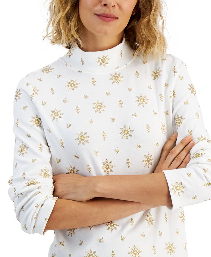 Karen Scott Women's Glitter Snowflake Mock-Neck Top, Created for Macy's ...