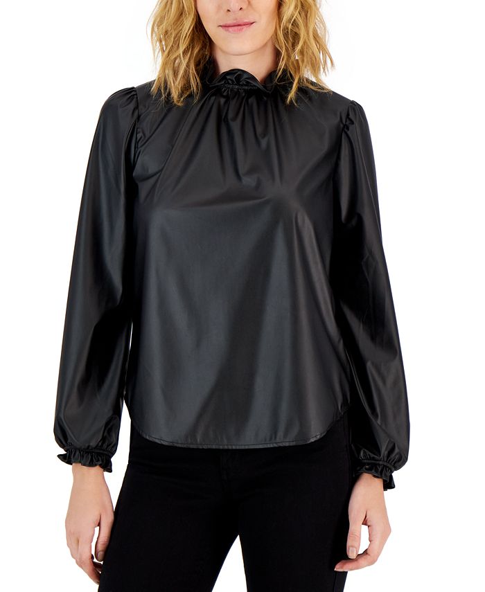 Anne Klein Women's Faux-Leather Ruffled-Neck Blouse - Macy's