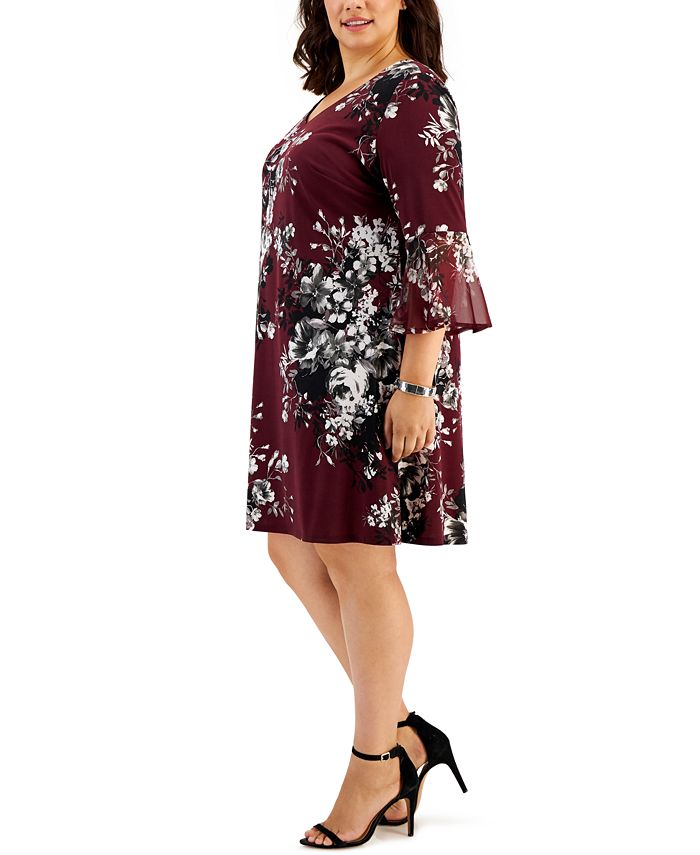 Connected Plus Size Printed 3/4-Bell-Sleeve Fit & Flare Dress - Macy's