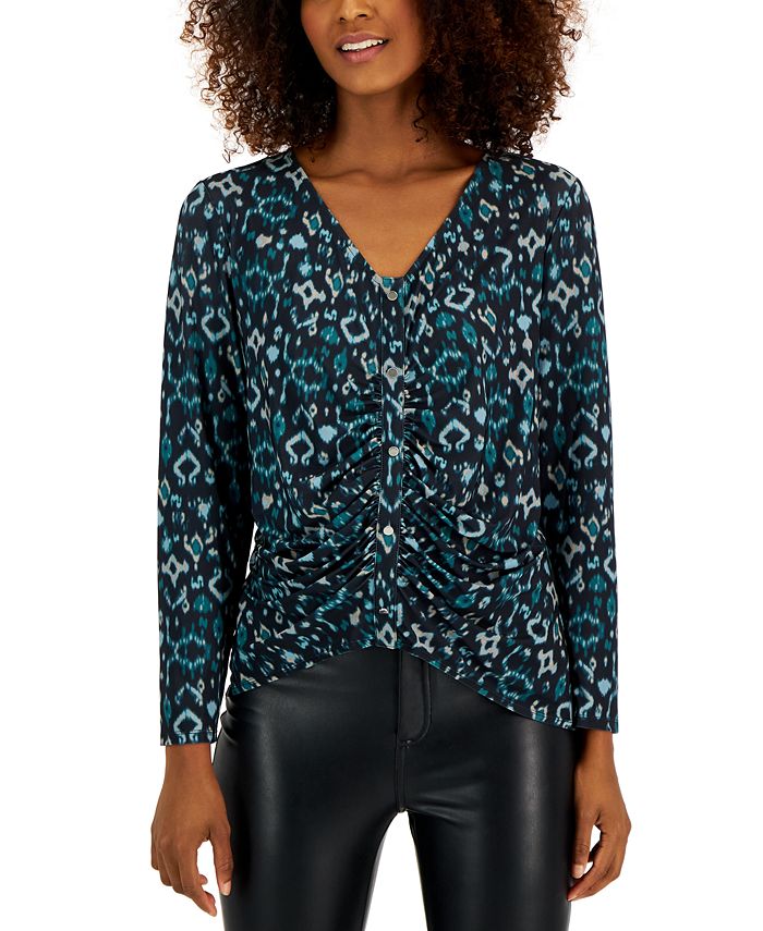 INC International Concepts Petite Printed V-Neck Ruched-Placket Top ...