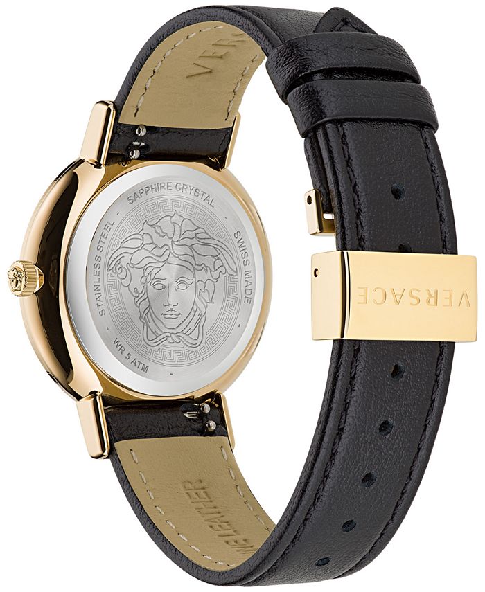 Versace Women's Swiss Greca Chic Black Leather Strap Watch 36mm - Macy's