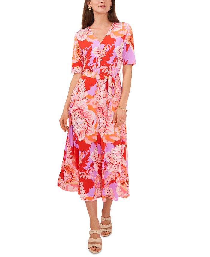MSK Women's Floral-Print Tie-Waist Elbow-Sleeve Dress - Macy's