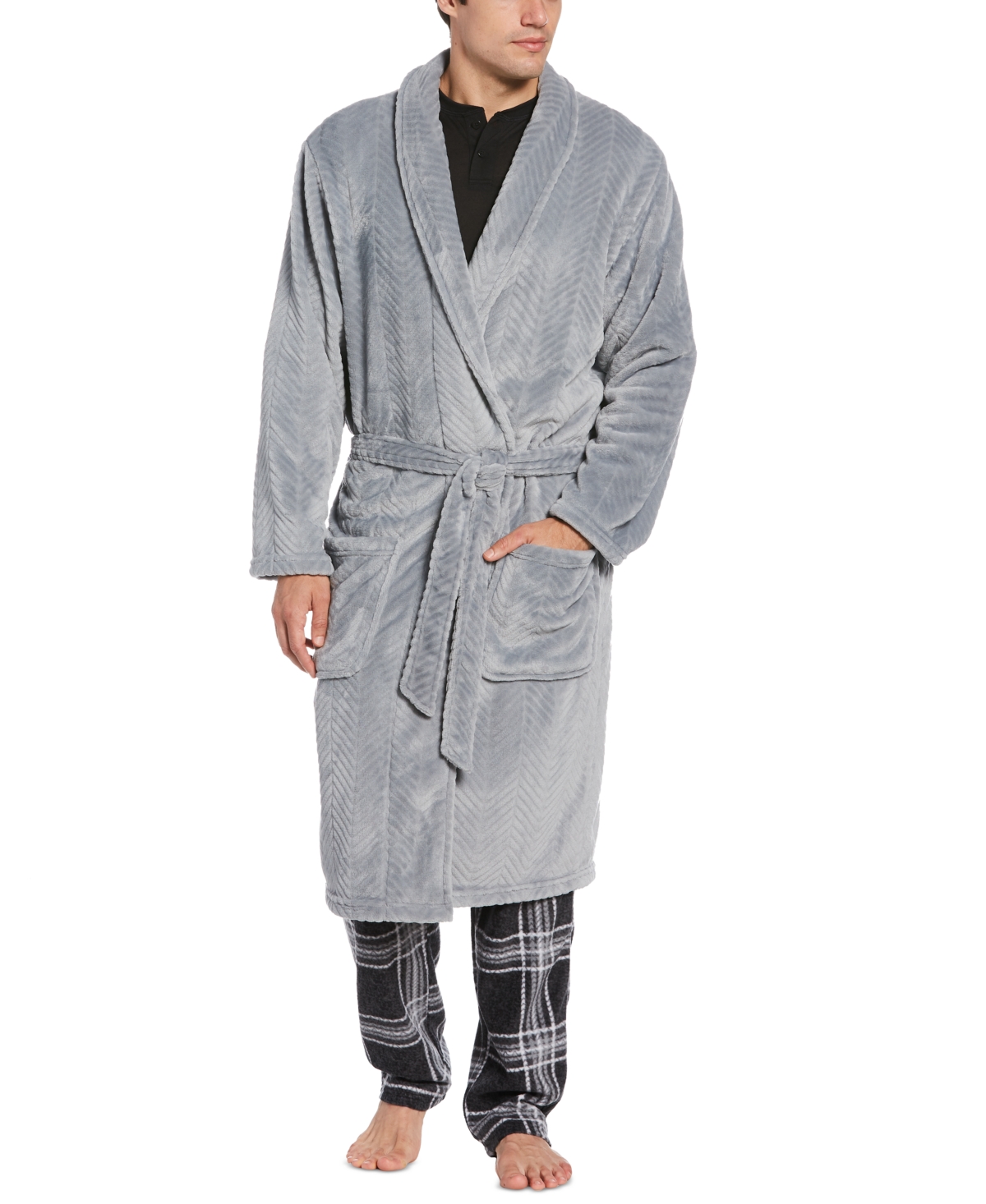 Perry Ellis Portfolio Men's Herringbone Textured Fleece Robe In Grey ...