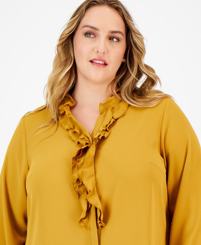 Bar III Plus Size Ruffled Split-Neck Blouse, Created for Macy's - Macy's