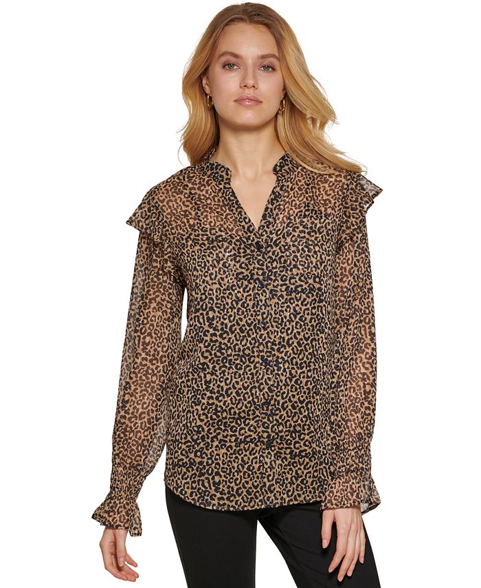 DKNY Women's Printed Button-Front Long-Sleeve Ruffle Top - Macy's