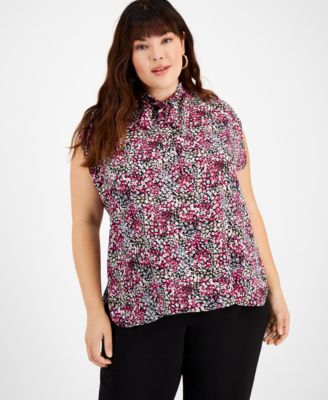 Bar III Plus Size Ditsy Floral-Print Tie-Neck Top, Created for Macy's ...