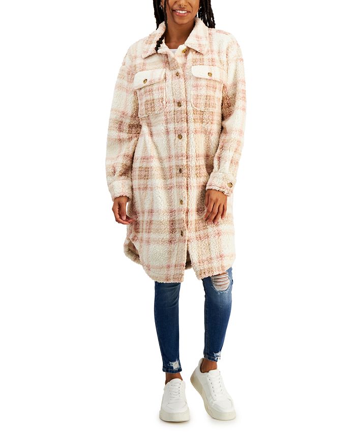 Almost Famous Juniors' Plaid Button-Front Faux-Sherpa Shacket & Reviews ...