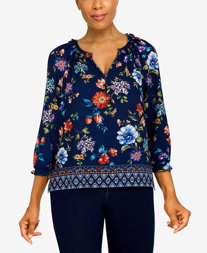 Alfred Dunner Petite Size Lake Placid Floral Split Neck Blouse Top - Macy's