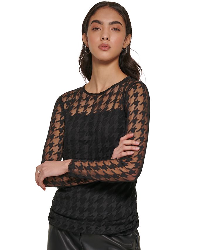 DKNY Women's Long-Sleeve Houndstooth-Print Mesh Top - Macy's