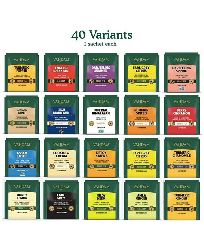 Vahdam Teas Assorted Tea Bags Variety Set Sampler Gift Set, 40 Long ...