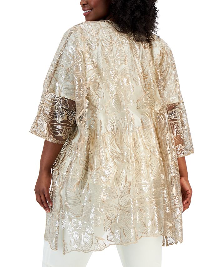 Anne Klein Plus Size Sheer Sequin-Detail 3/4-Sleeve Cardigan - Macy's