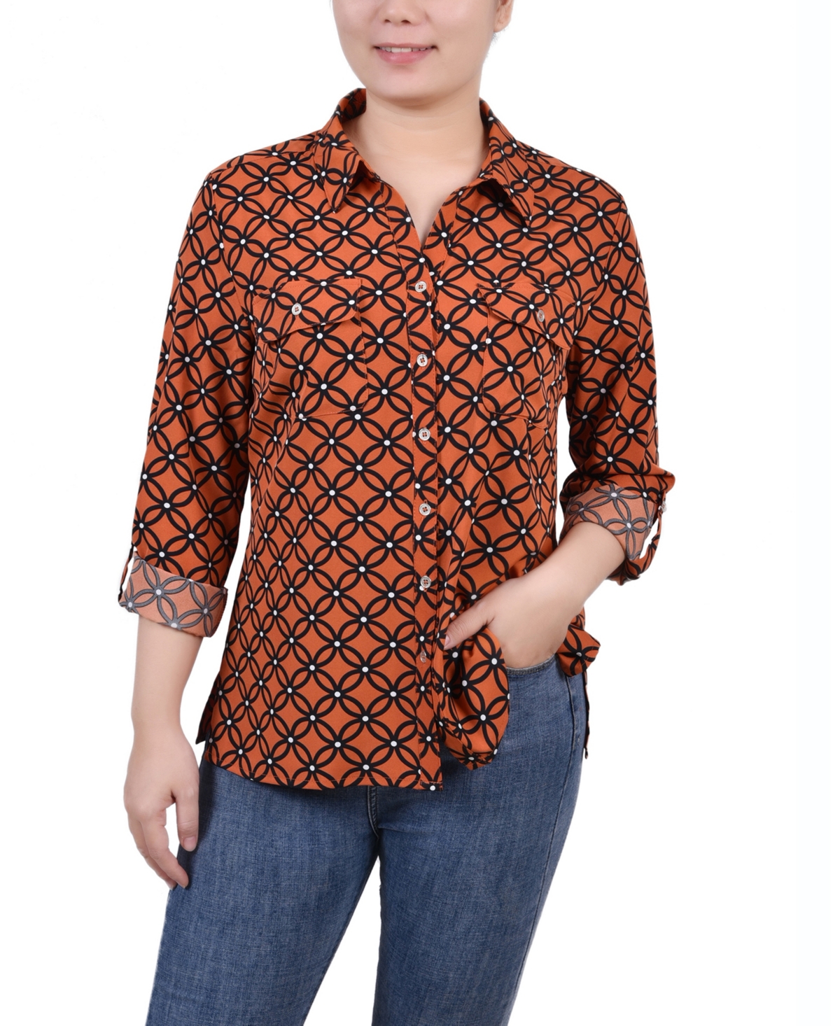 Click here for Petite 3/4 Sleeve Roll Tab Notch Collar Blouse - S... prices