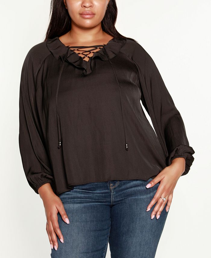 Belldini Black Label Plus Size Lace-Up Ruffled V-Neck Blouse Top - Macy's