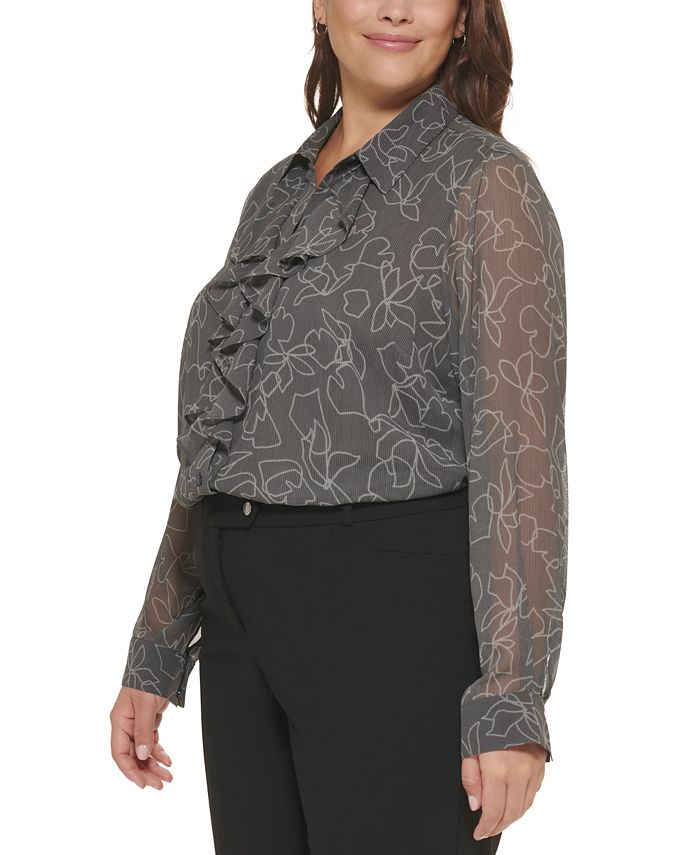 Calvin Klein Calvin Plus Size Floral-Print Ruffle-Front Blouse - Macy's