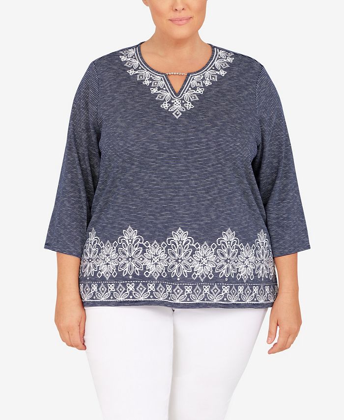 Alfred Dunner Plus Size Lake Placid Embroidered Mini Stripe Top - Macy's