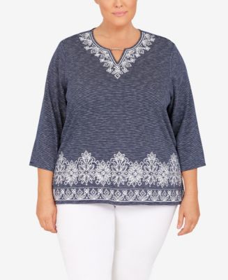 Alfred Dunner Plus Size Lake Placid Embroidered Mini Stripe Top - Macy's