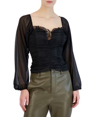 Women's Shirred Sheer-Sleeve Top