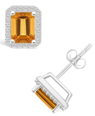 Citrine (2 ct. t.w.) and Lab Grown Sapphire (1/4 ct. t.w.) Halo Studs ...