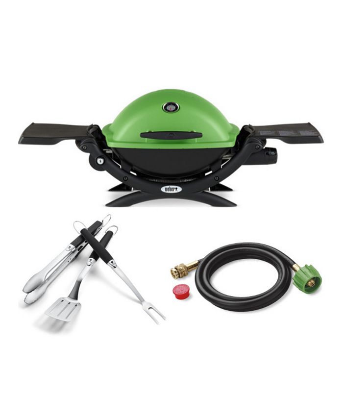 Weber Q 1200 Gas Grill (Green) With Adapter Hose And 3-Piece Grill Set ...